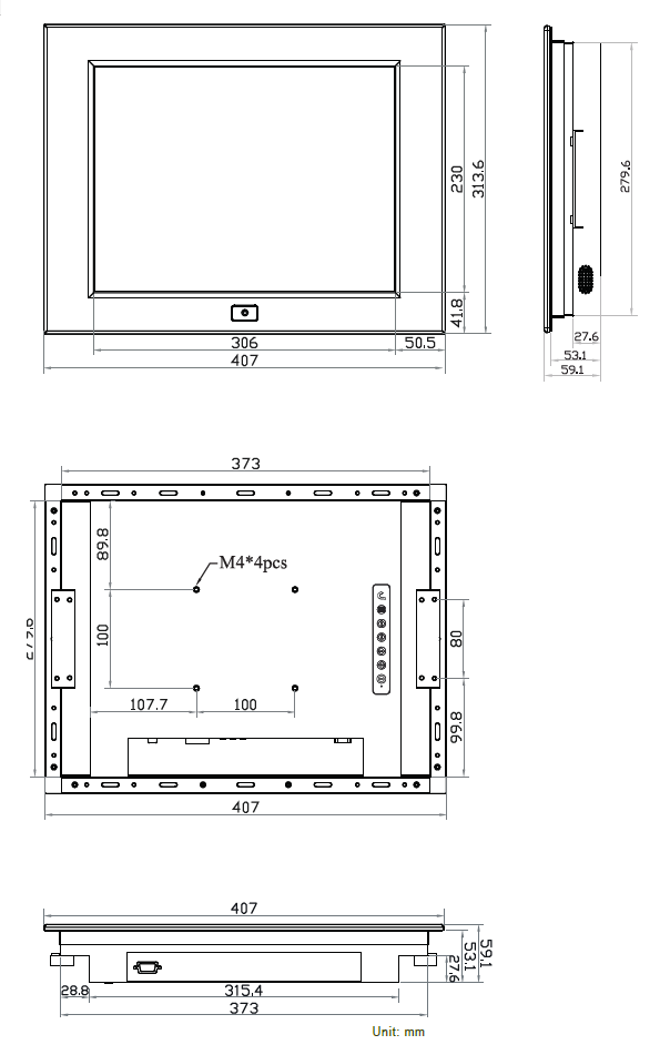 15" Panel Mount Monitor with VGA Video Input
